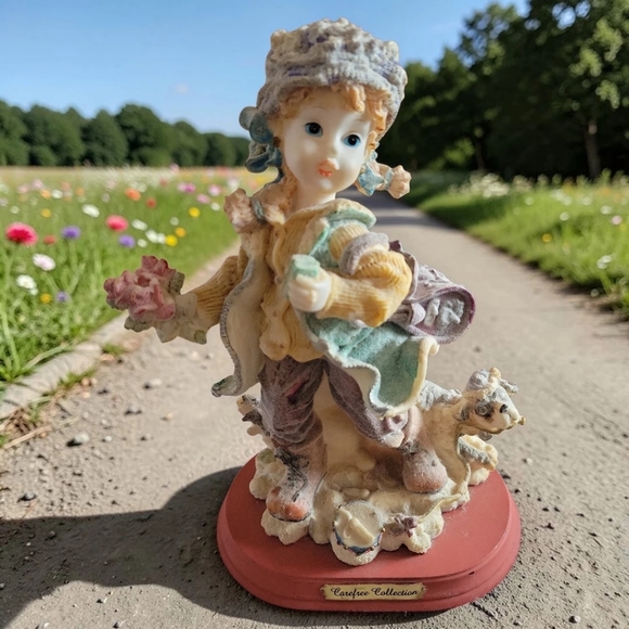 Artmark | Art | Vtg Flocked Figurine Girl Dog Rose Gypsy Wooden Base ...